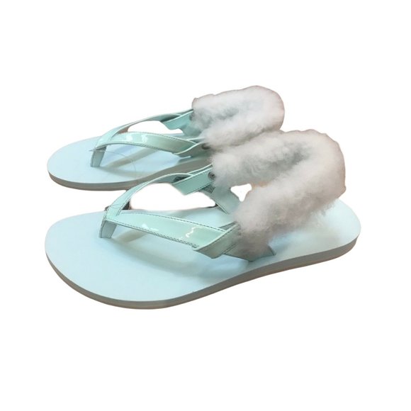 UGG | Shoes | Nib Ugg Laalaa Flip Flop Aqua Pom Pom Sandals Aqua Fuzzy ...